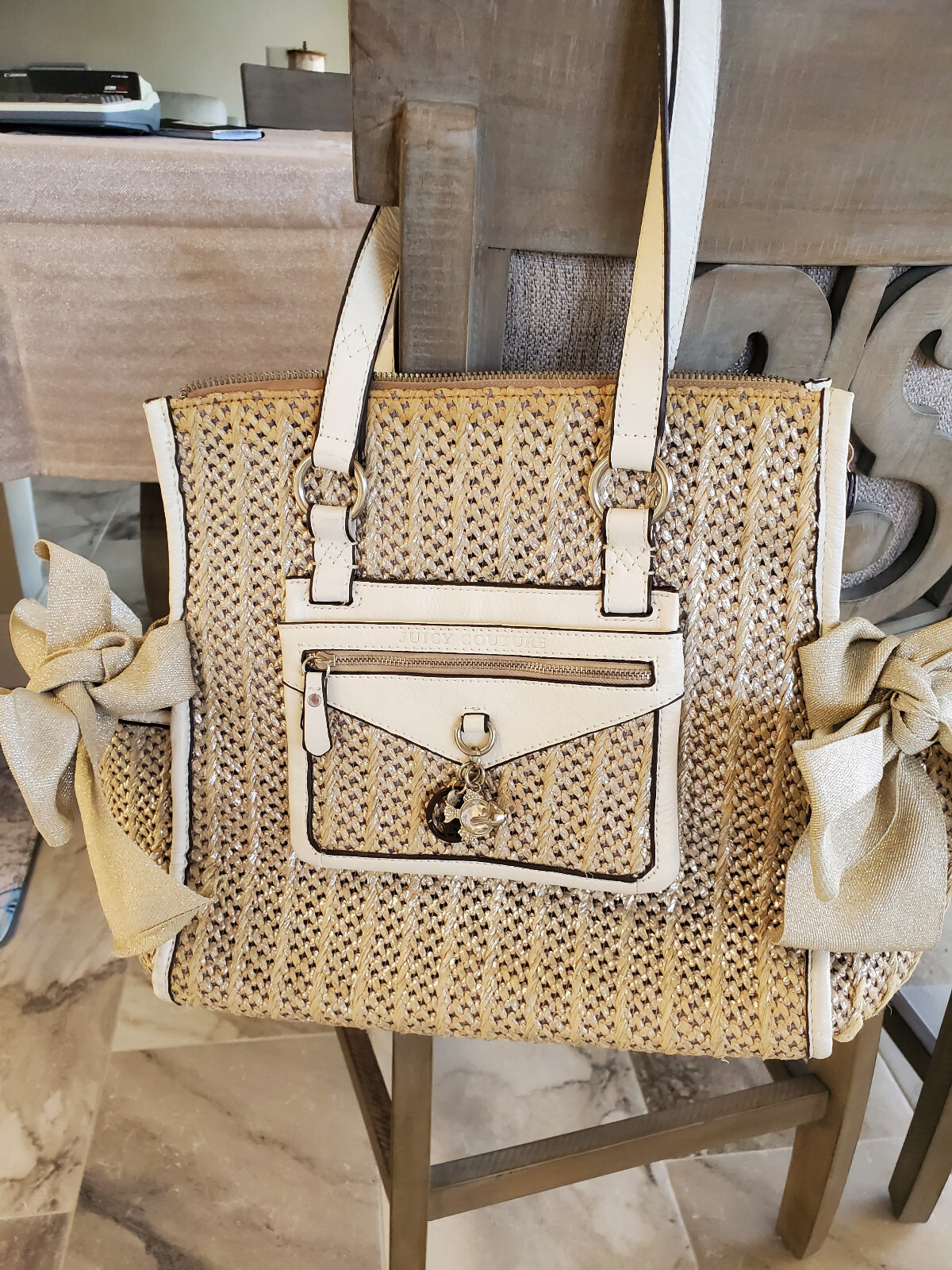 Juicy Couture Natural Straw, White Leather & Silver M… - Gem