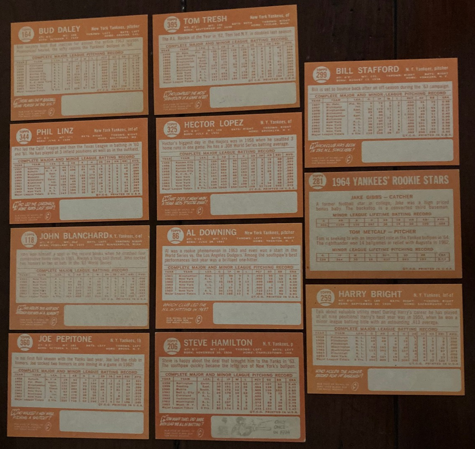 1964 Topps MLB LOT of 11 New York Yankees Cards in Near MINT Condition ...
