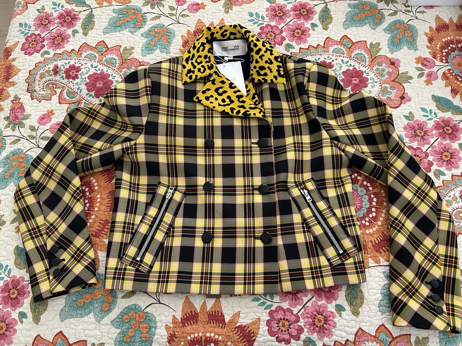 NWT $998 Size 10 DVF Diane von Furstenberg Leopard Check Yellow Cropped ...
