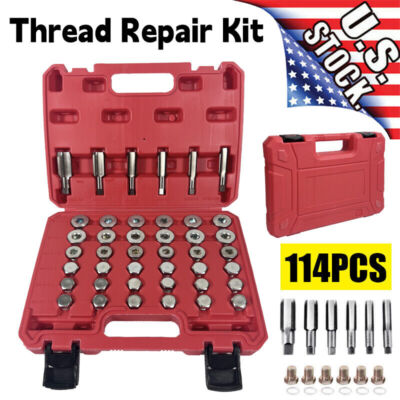 US 114Pcs Oil Pan Thread Repair Kit Sump Gearbox Drain Plug Tool Set ...