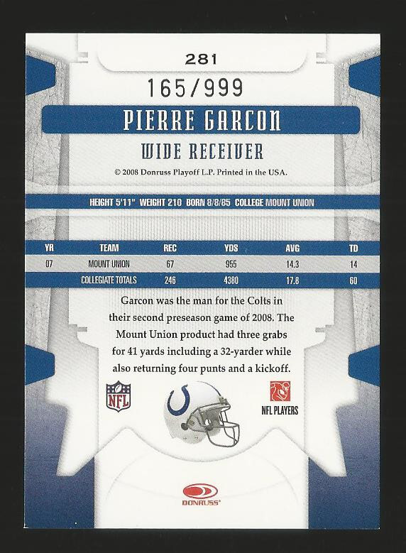2008 Leaf Limited Phenom Pierre Garcon Colts #281 Rookie RC Silver Sp ...