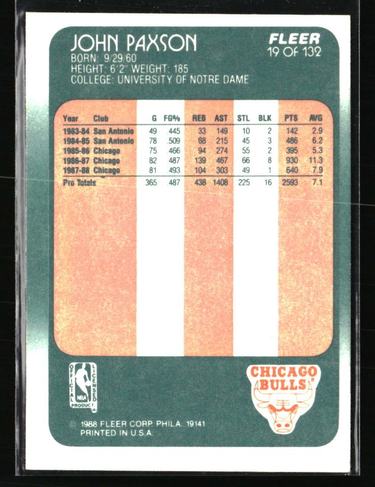 John Paxson 1988 Fleer #19 Basketball Card | eBay