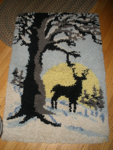 Finished Handmade Hooked Rug Deer Tree Snow Moon 38" x 26" (SU130) | eBay