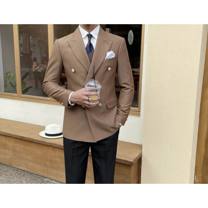 Men Casual Business Metal Buckle Suit Blazer Coat Double Breasted ...