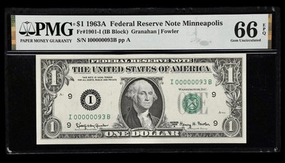 1963 A $1 Low Serial Number 00000093 Federal Reserve Minneapolis PMG 66 ...