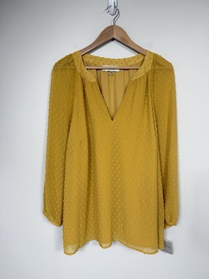 Kasper Blouse Womens 2X Mustard Yellow Swiss Dot Long Sleeve Career ...