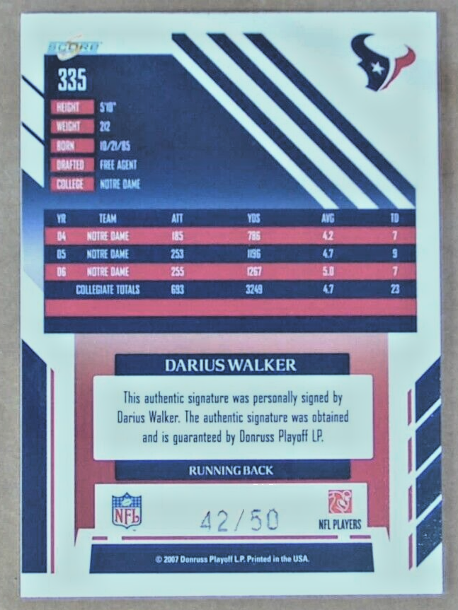 FB Darius Walker 2007 Select Inscriptions #335 42/50 Houston Texans | eBay