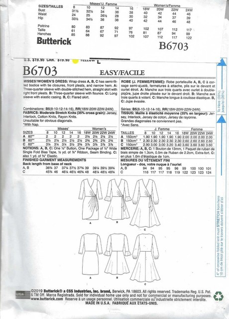 Wrap Dress Tie Closure Women's Size 18w-24w Butterick 6703 Sewing ...