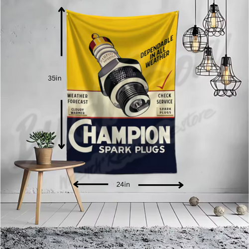 Garage FLAG Banner Retro Champion Spark Plugs Long Car Guy Decoration ...