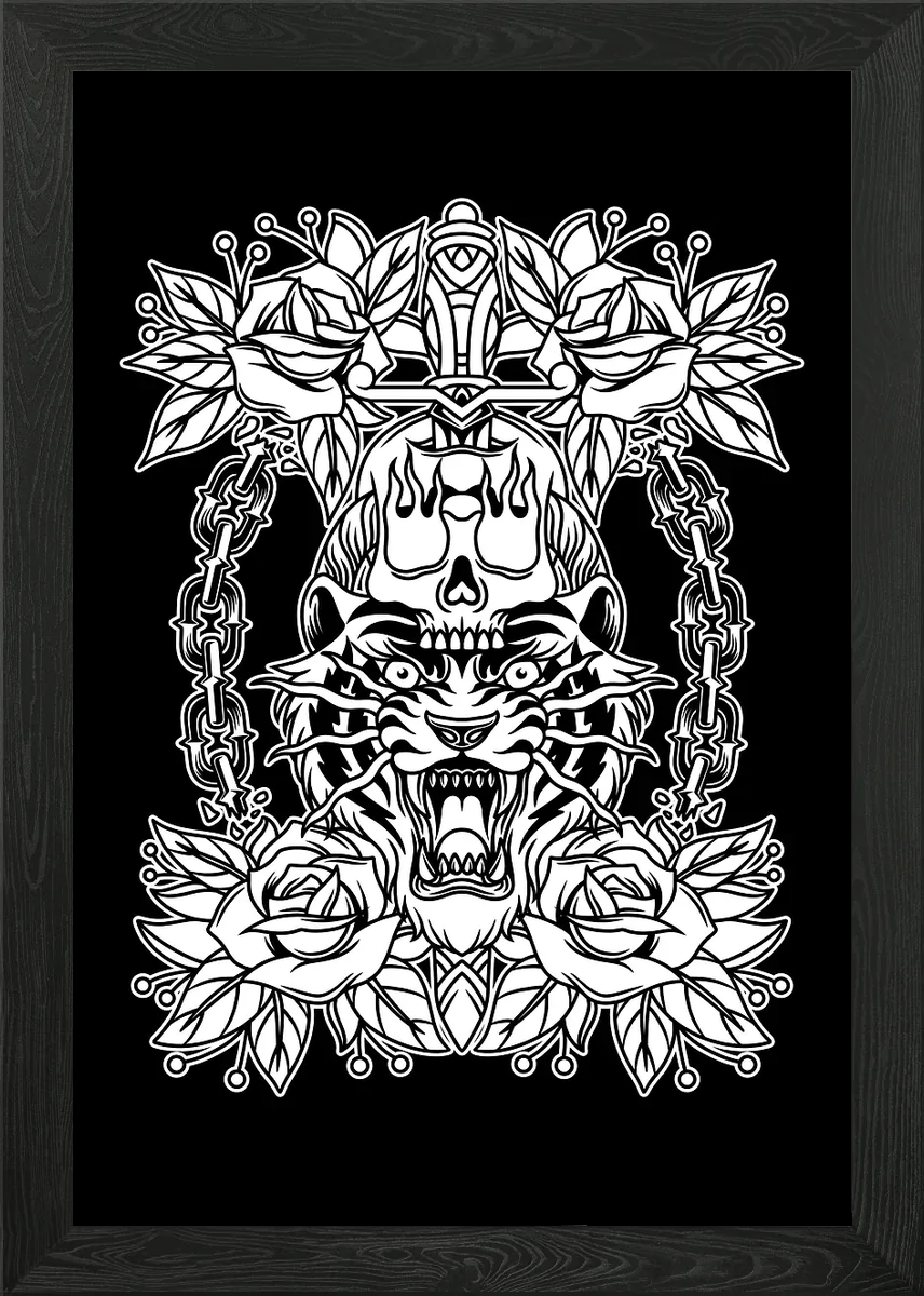 Tiger Head Skull BnW Framed Wall Art Poster Canvas Print Picture | eBay UK