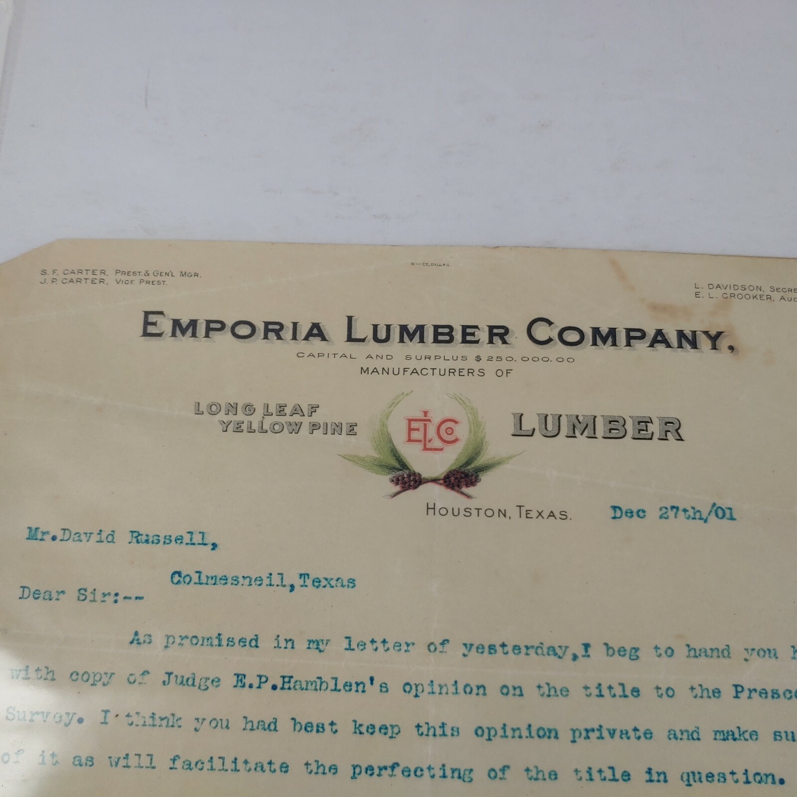 Vintage 1901 Emporia Lumber Company Houston Texas Letterhead Typed ...