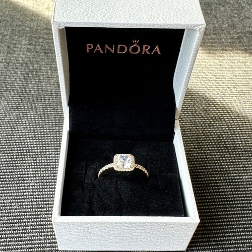 Pandora Timeless Elegance Square Sparkle Halo Ring Solid 14k Gold Clear ...