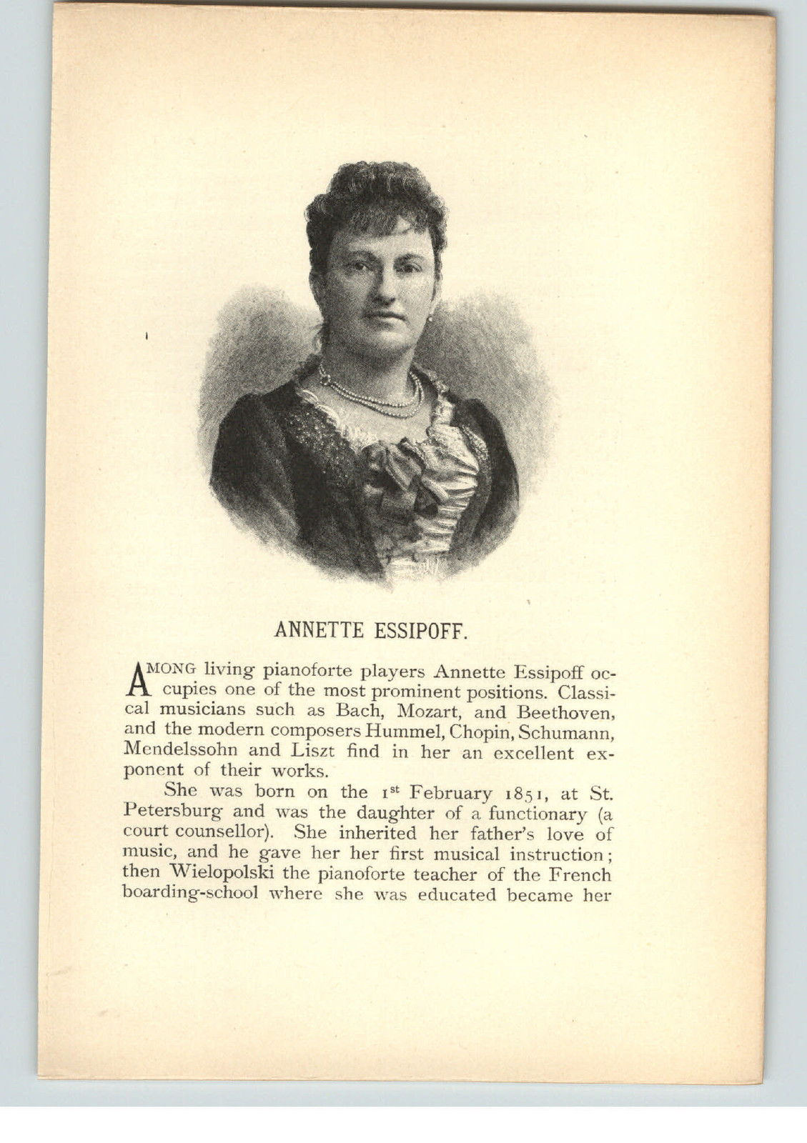 1894 Pianist Annette Essipoff Portrait Print & 2 PG Bio Piano | eBay