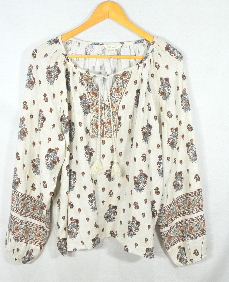 Lucky Brand Women’s Blouse L Beig Floral Peasant Boho Long Sleeve Tie ...