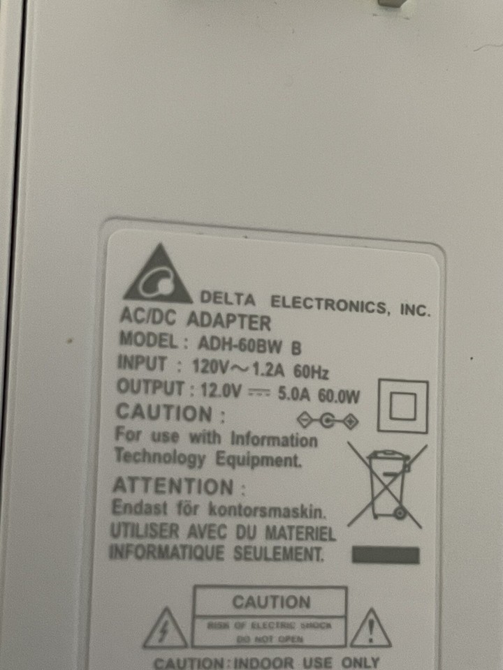 Delta Electronics AC/DC Adapter ADH-60BW B PowerSupply 12V 5A 60W White ...