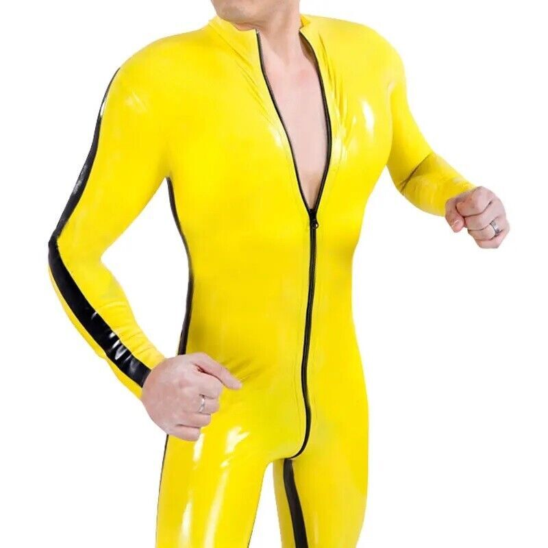 Men Latex Catsuit Back Zipper with Stripe Rubber Bodysuit Jumpsuit ...