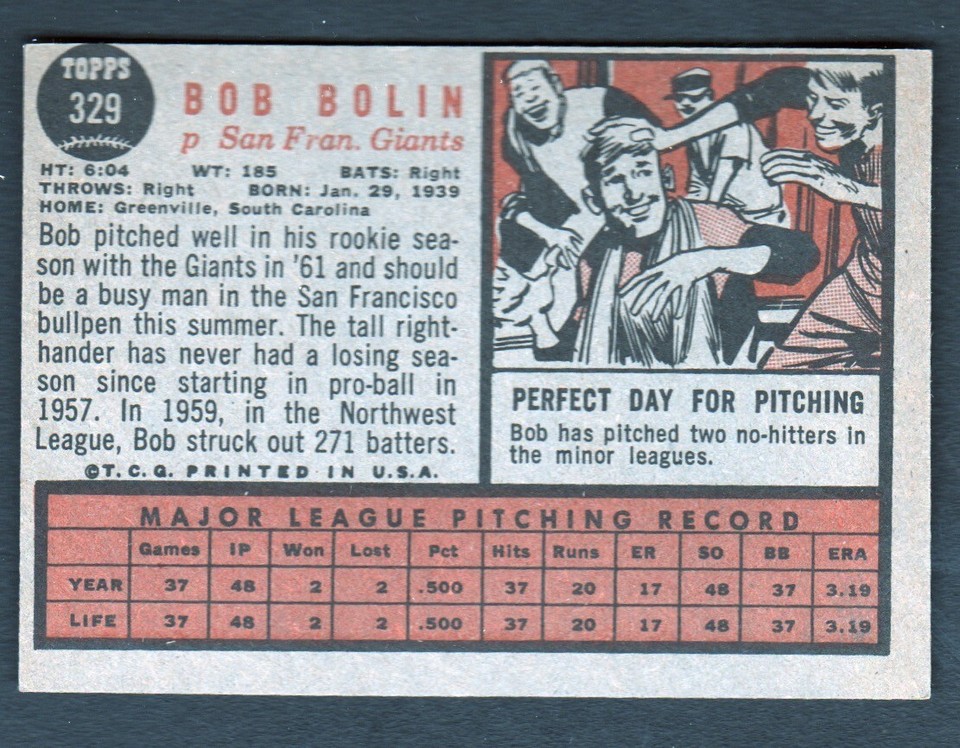 1962 Topps #329 Bob Bolin (ex) | eBay