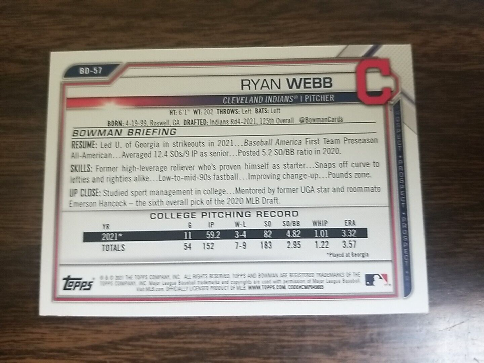 RYAN WEBB 2021 1st BOWMAN DRAFT CARD BD-57 GUARDIANS (FIRST PROSPECT ...