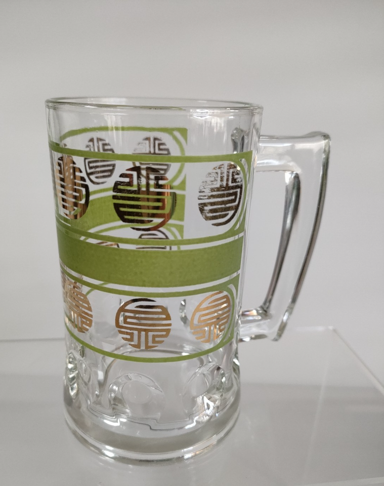 Vintage Retro Small Beer Glass with Handle Green & Gold Geometric ...