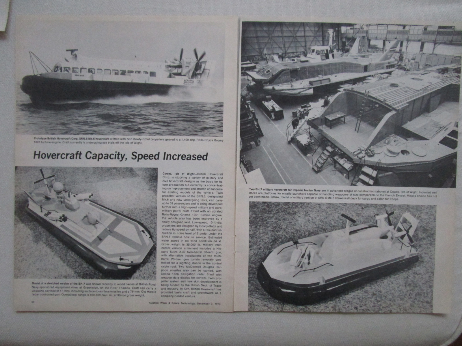12/1973 ARTICLE 2 PAGES BRITISH HOVERCRAFT BH7 IMPERIAL IRANIAN NAVY ...