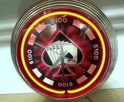 VTG Poker Royal Flush Cards wall Clock with Neon RED ring, Neonetics 15 ...