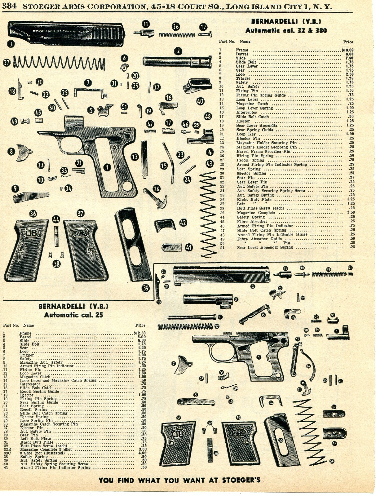 1956 Print Ad of Bernardelli VB 32 380 & 25 Cal Pistol Parts List | eBay