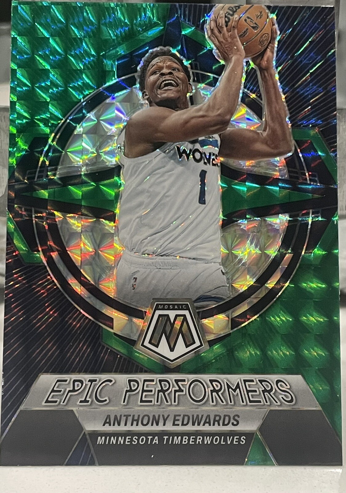 2022-23 Mosaic GREEN PRIZM EPIC PERFORMERS SP Anthony Edwards T-WOLVES ...