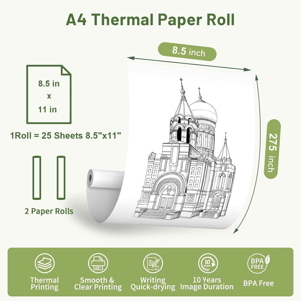 6 Rolls A4 Thermal Printer Paper 8.5x11" for M08F M832 M834 Portable ...