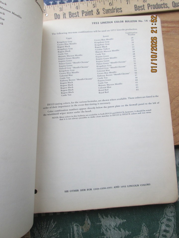 1953 lincoln Color Chip Paint Brochure Chart by Du Pont | eBay