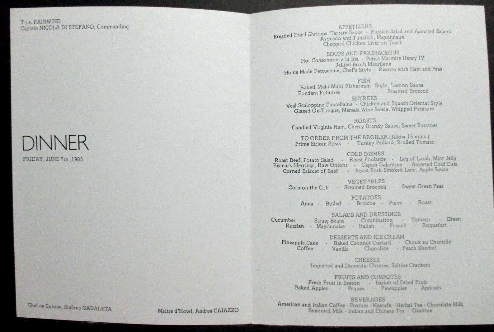 LOT OF 2 1985 SITMAR CRUISE LINE MENUS TSS FAIRWIND, ANDRE DERAIN ...