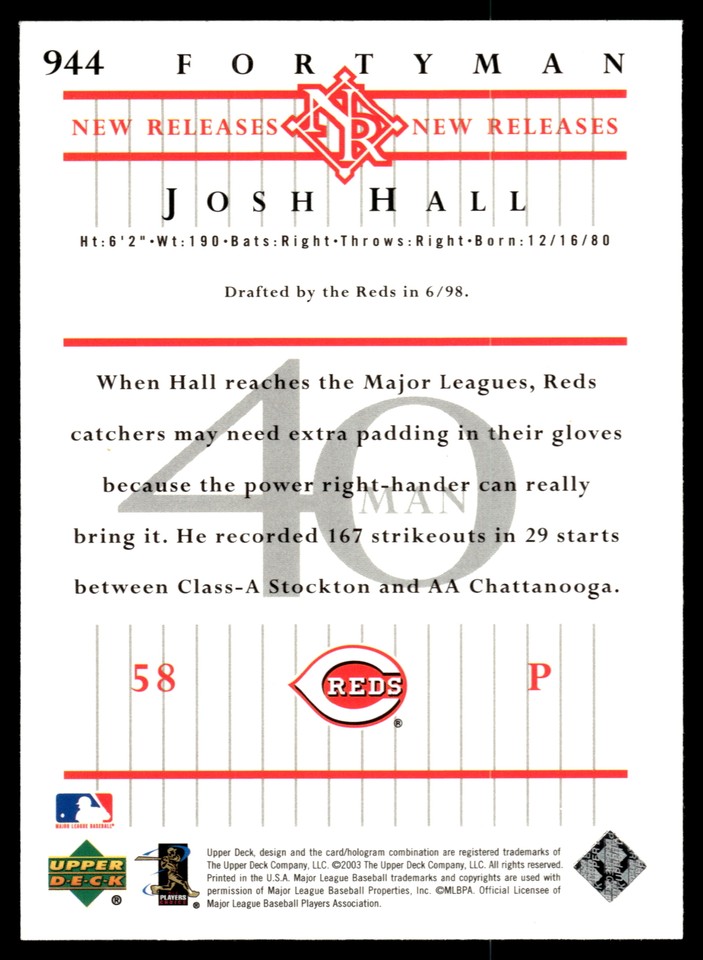 2003 Upper Deck 40-Man #944 Josh Hall Rookie Cincinnati Reds | eBay