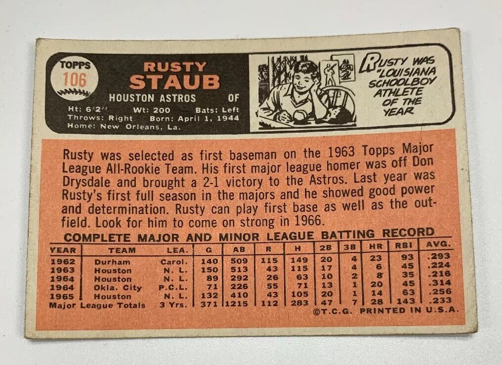 1966 Topps # 106 Rusty Staub Baseball Card Houston Astros | eBay