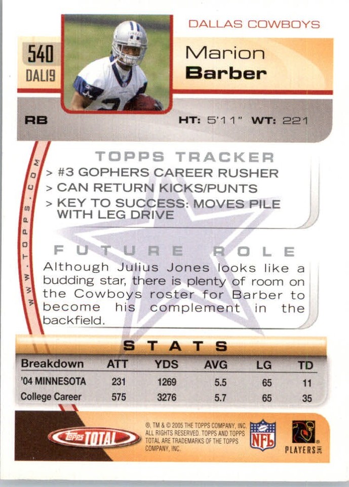 2005 Topps Total SILVER #540 Marion Barber RC - Dallas Cowboys | eBay