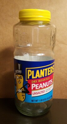 Vintage Planters Peanuts Glass Jar Mr. Peanut 1lb 8oz. Dry Roasted ...