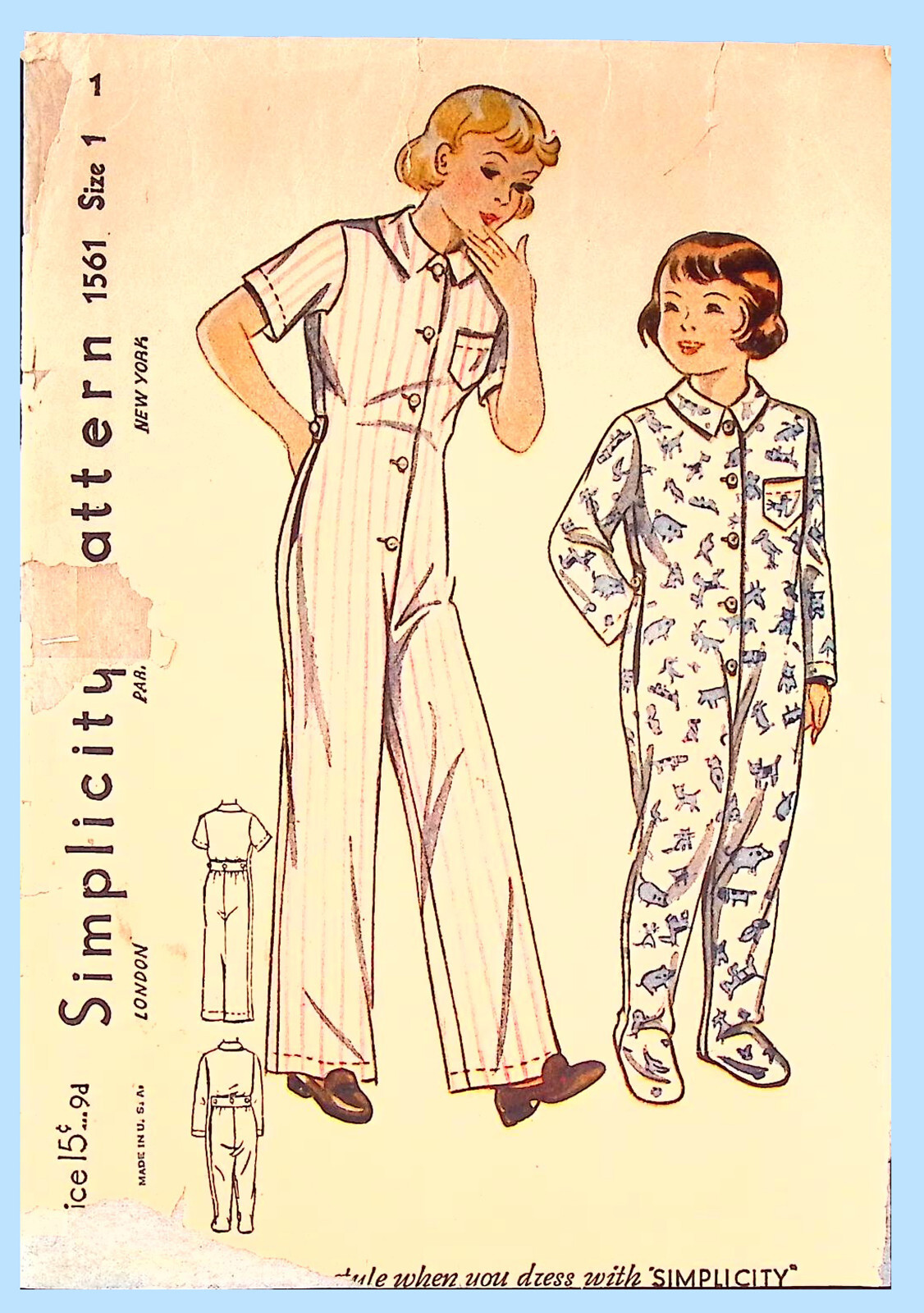 1930s Vintage Simplicity 1561 Sewing Pattern Toddler Sz 1 Footie Pjs ...