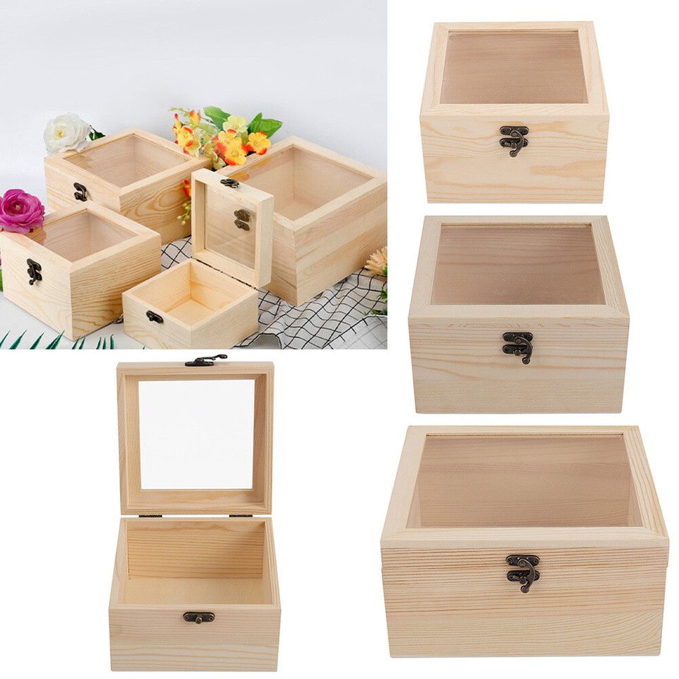 NEW Natural Finish Wooden Storage Box DIY Crate With Hinged Lid ...