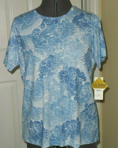 #C.D. PETITE CATHY DANIELS TOP SHIRT SIZE PS BLUE FLORAL STRETCH ...