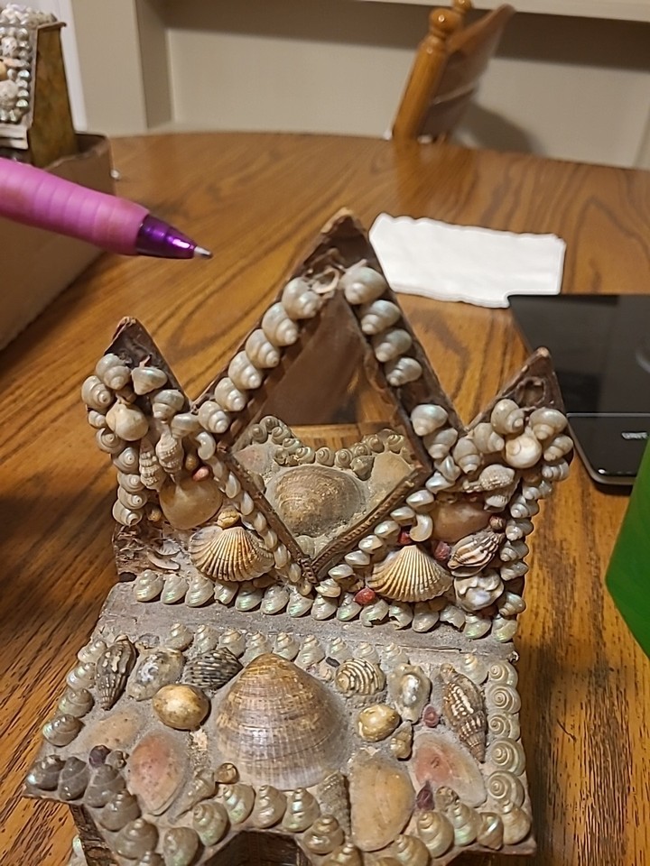 ANTIQUE SEASHELL DRESSER BOX SHELL ART MINIATURE FURNITURE SOUVENIR ...