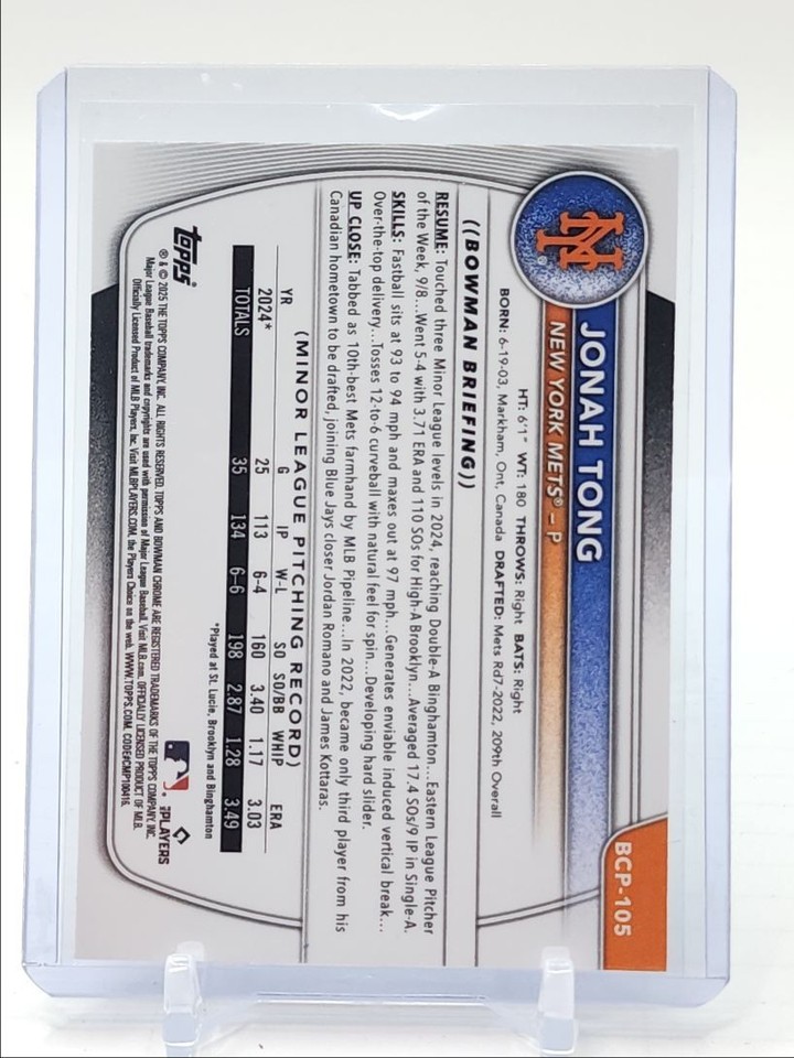 JONAH TONG 2025 BOWMAN CHROME 1ST SAPPHIRE BASEBALL METS Q1940 | eBay