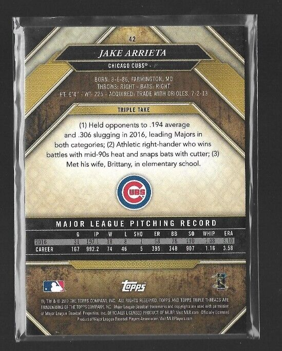 2017 Topps Triple Threads Jake Arrieta #42 Amethyst Parallel /340 ...