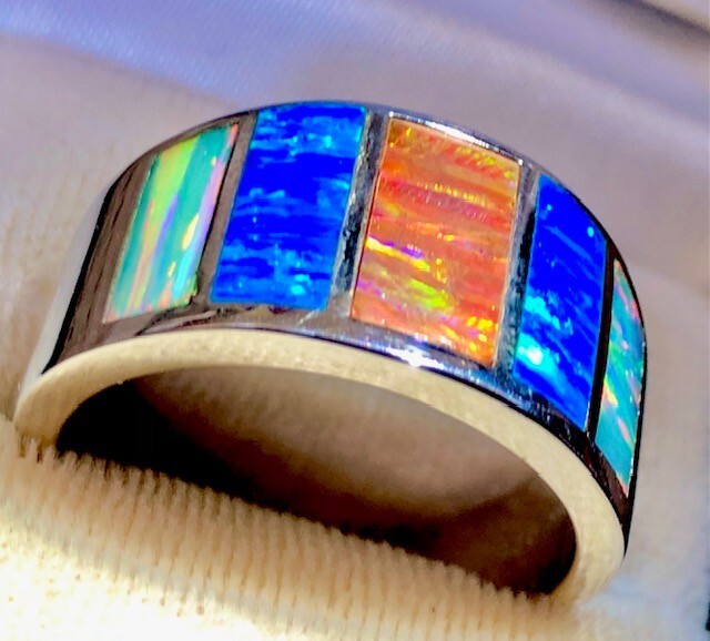 Hansome Wide Windows Ring Orange Red Fire Opal Blue Rings men's 12 SEE ...