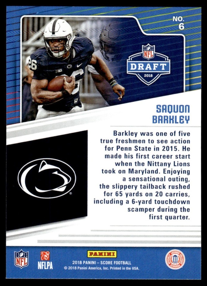2018 Score NFL Draft Saquon Barkley Rookie Penn State Nittany Lions #6 ...