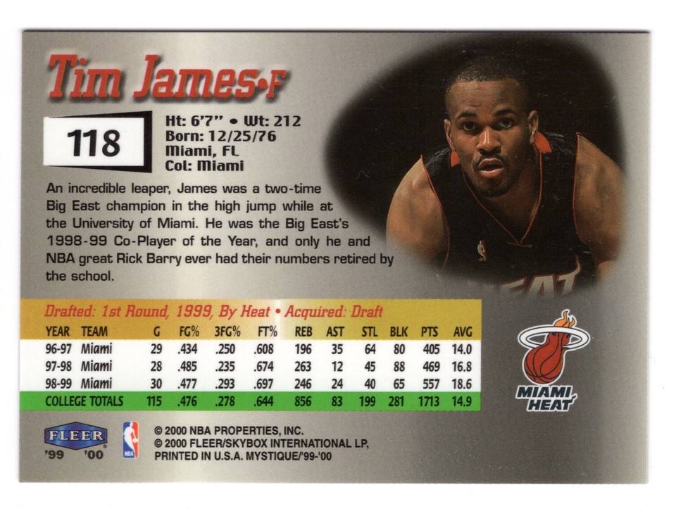 1999-00 FLEER MYSTIQUE TIM JAMES ROOKIE CARD #118 **NM-MT** SERIAL ...