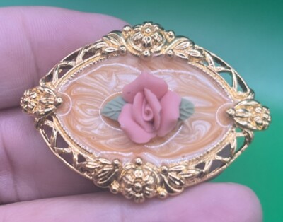Avon Vintage Victoria Rose Brooch Pin Pink Rose Peach Enamel Gold Tone ...