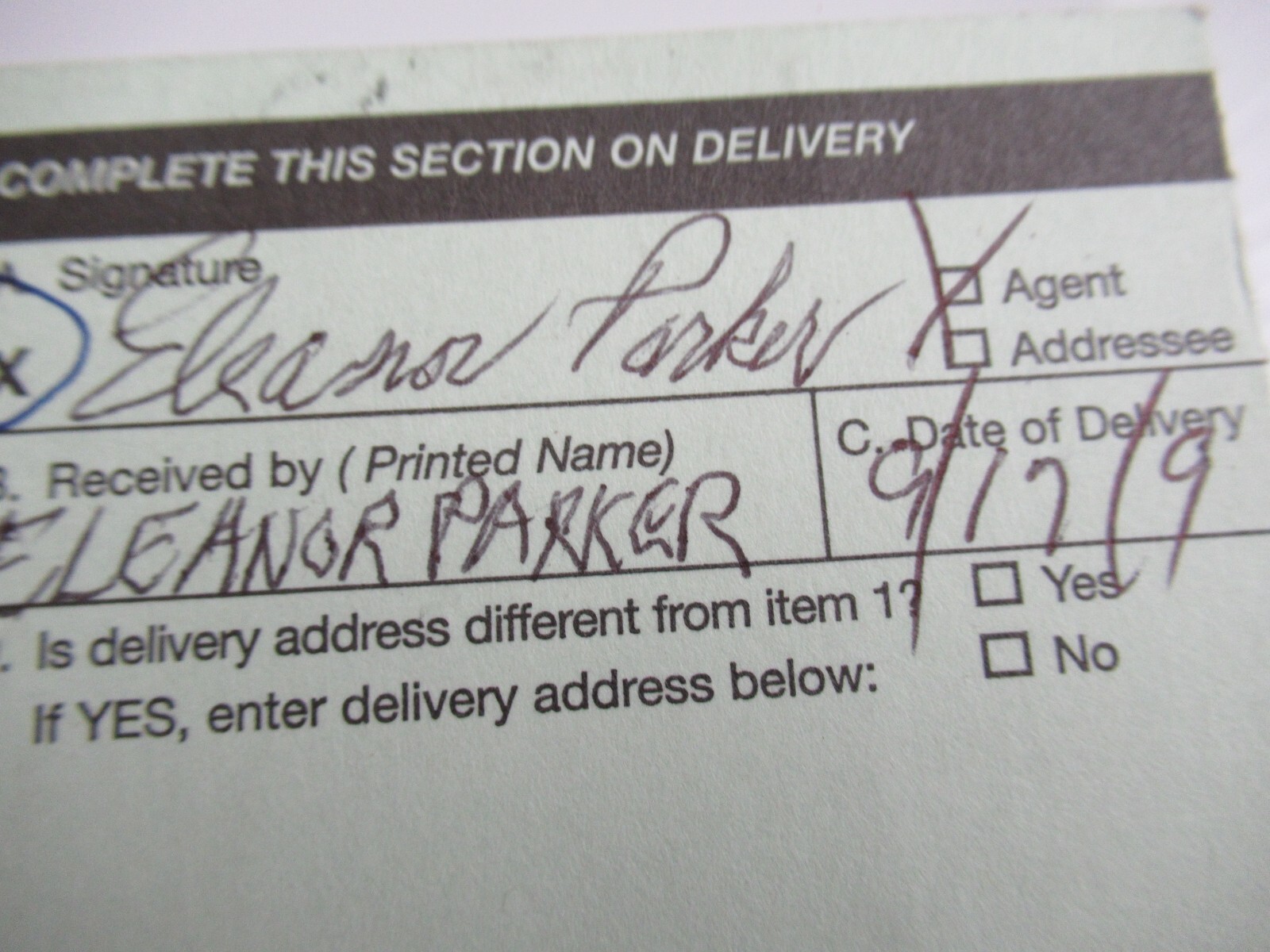 Eleanor Parker Personally Signed USPS Return Receipt Card Autograph ...