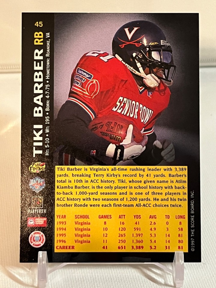 Tiki Barber Rookie RC 1997 Score Board #45 NY Giants Legend Running ...