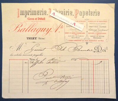 THIZY - BALLAGUY Imprimerie librairie papeterie facture 1888 Commande ...