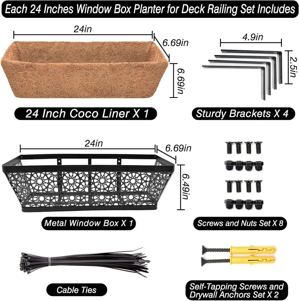 2PCS 24 Inch Window Box with Coco Liner Sturdy Metal Railing Planter ...