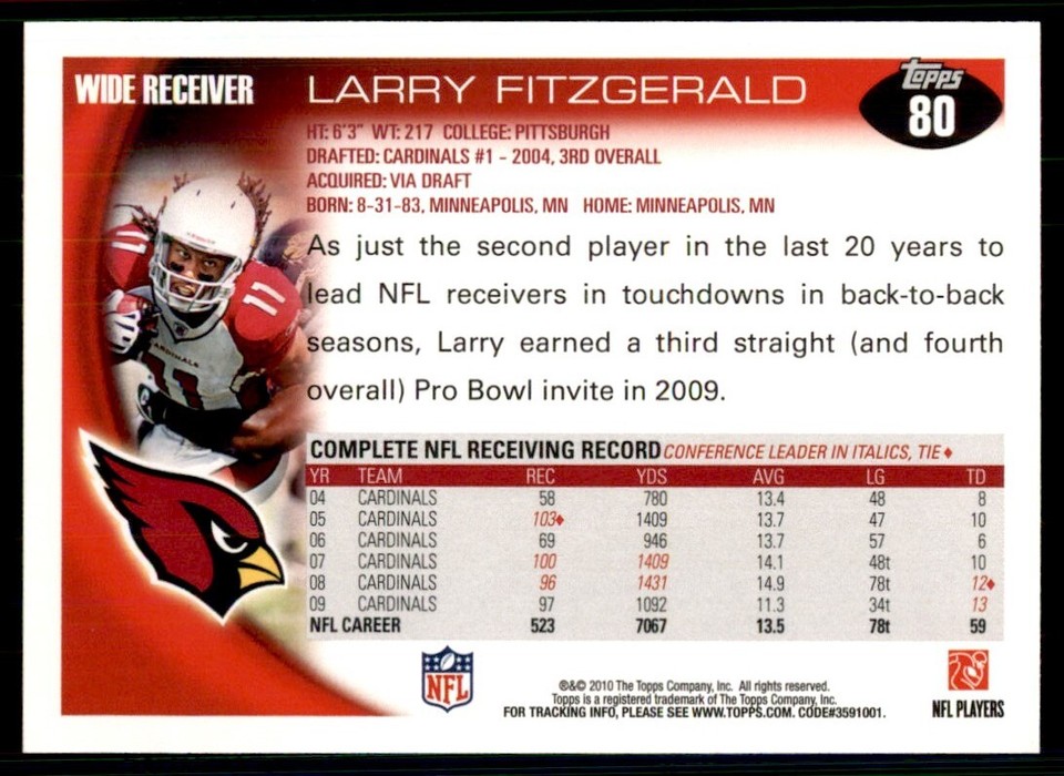 2010 Topps Larry Fitzgerald Arizona Cardinals #80 NFL Football Card | eBay