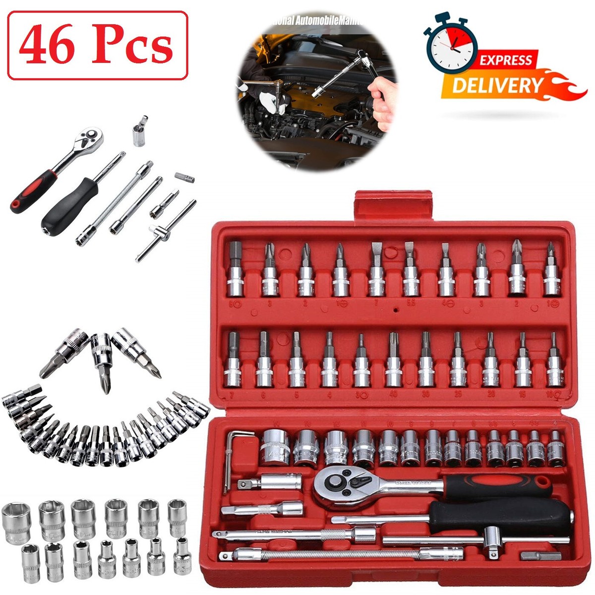 Car Mechanic Tools 53Pcs 1/4" Inch Drive Ratchet Metric Socket Wrench